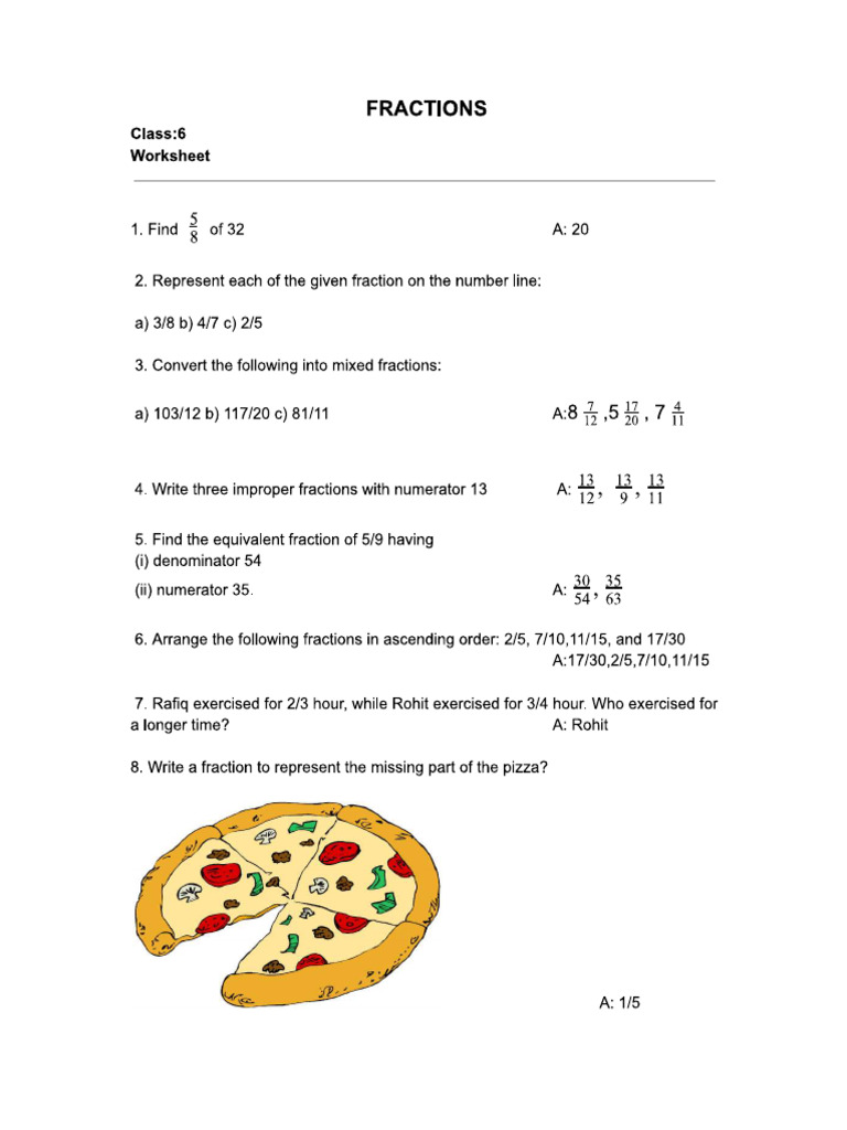 Fractions - Class 6 Worksheet-1 | PDF