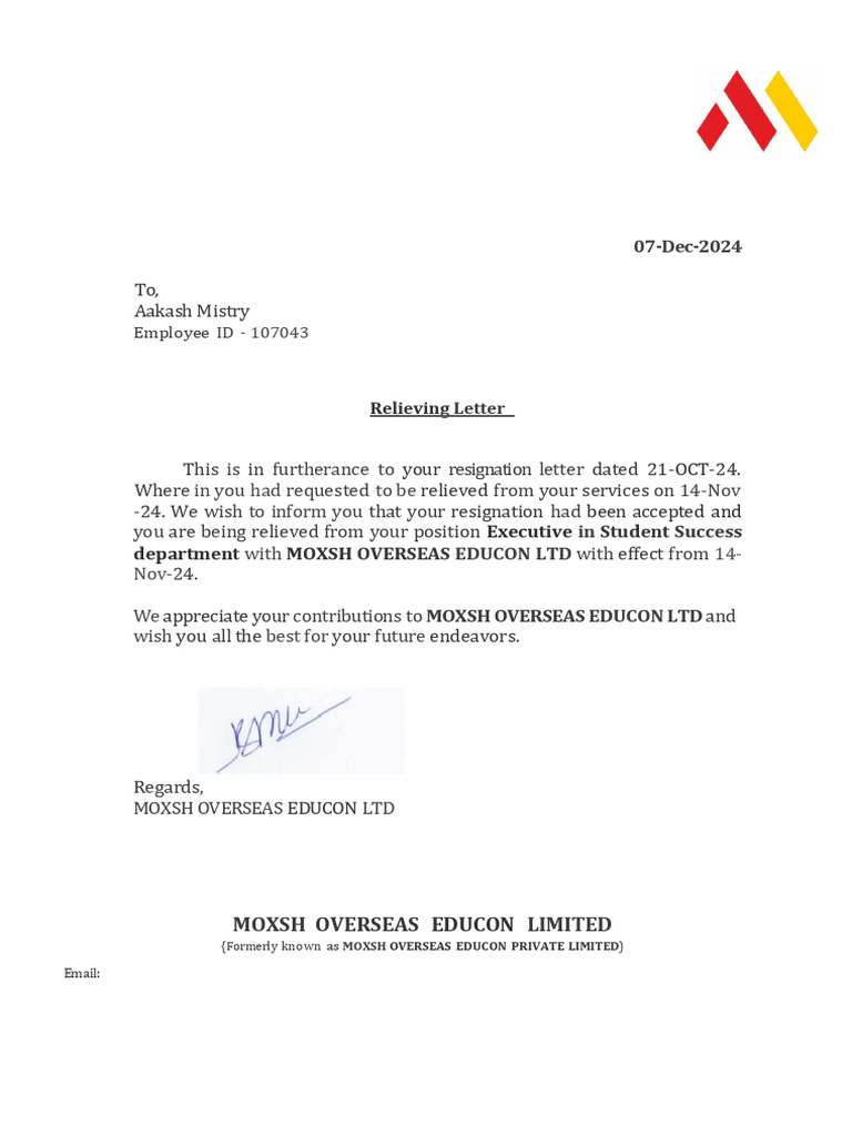 Relieving and Experience Letter for Aakash Mistry | PDF
