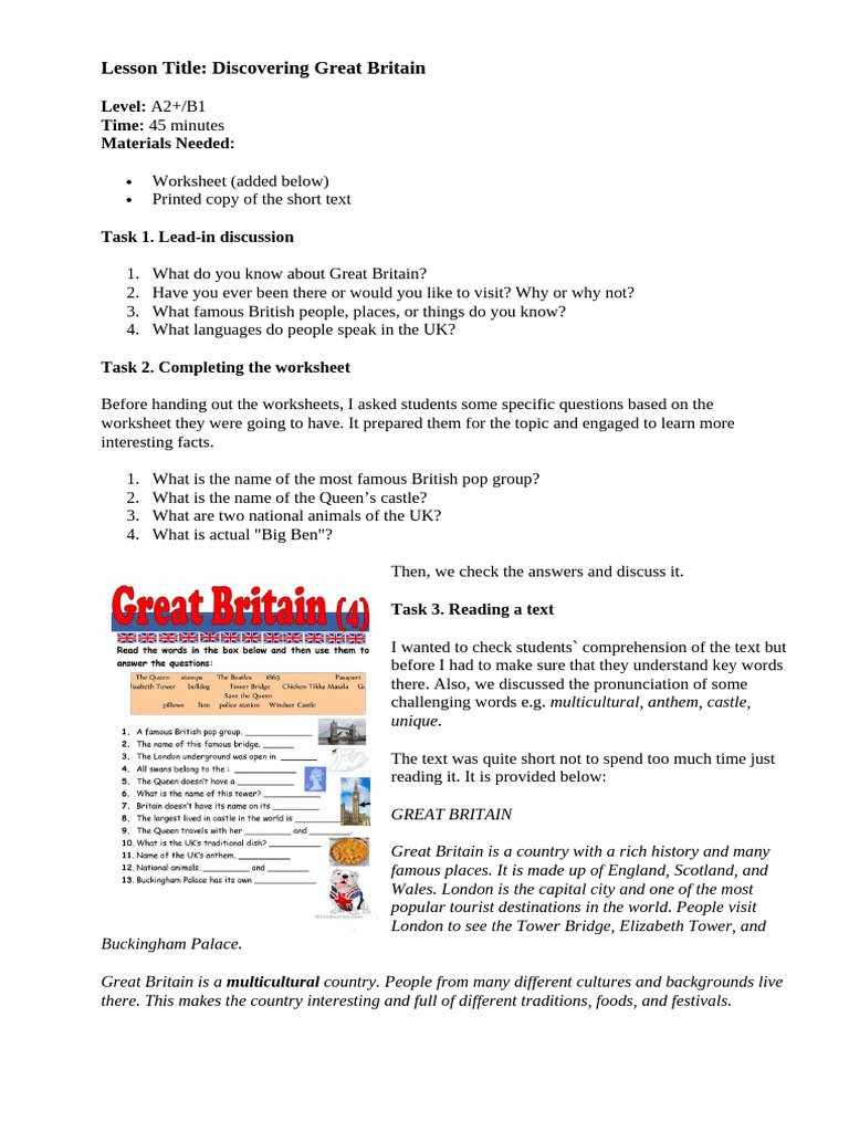Exploring Great Britain: A2/B1 Lesson Plan | PDF | United Kingdom