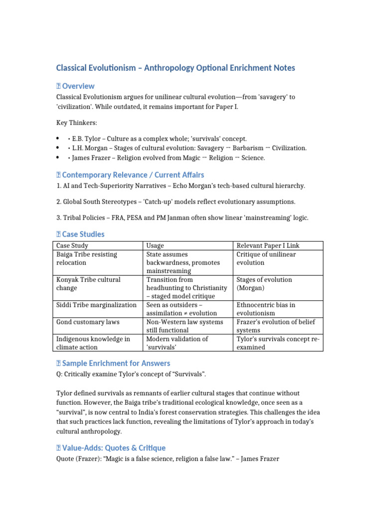 Classical Evolutionism Anthropology Notes | PDF