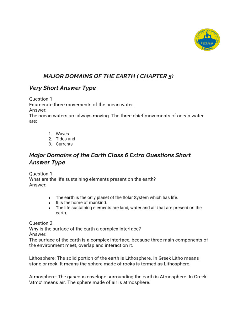 Major Domains of The Earth Questions and Answers | PDF | Atmosphere Of ...