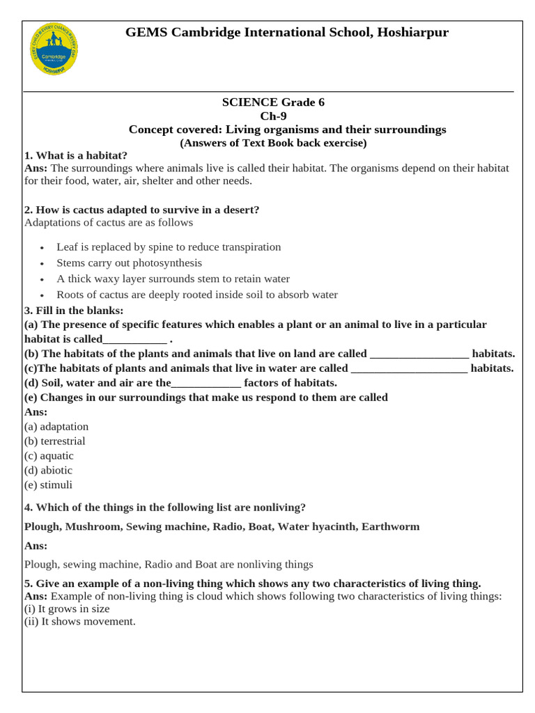 Back Exercise Solutions of Ch9 | PDF | Habitat | Plants