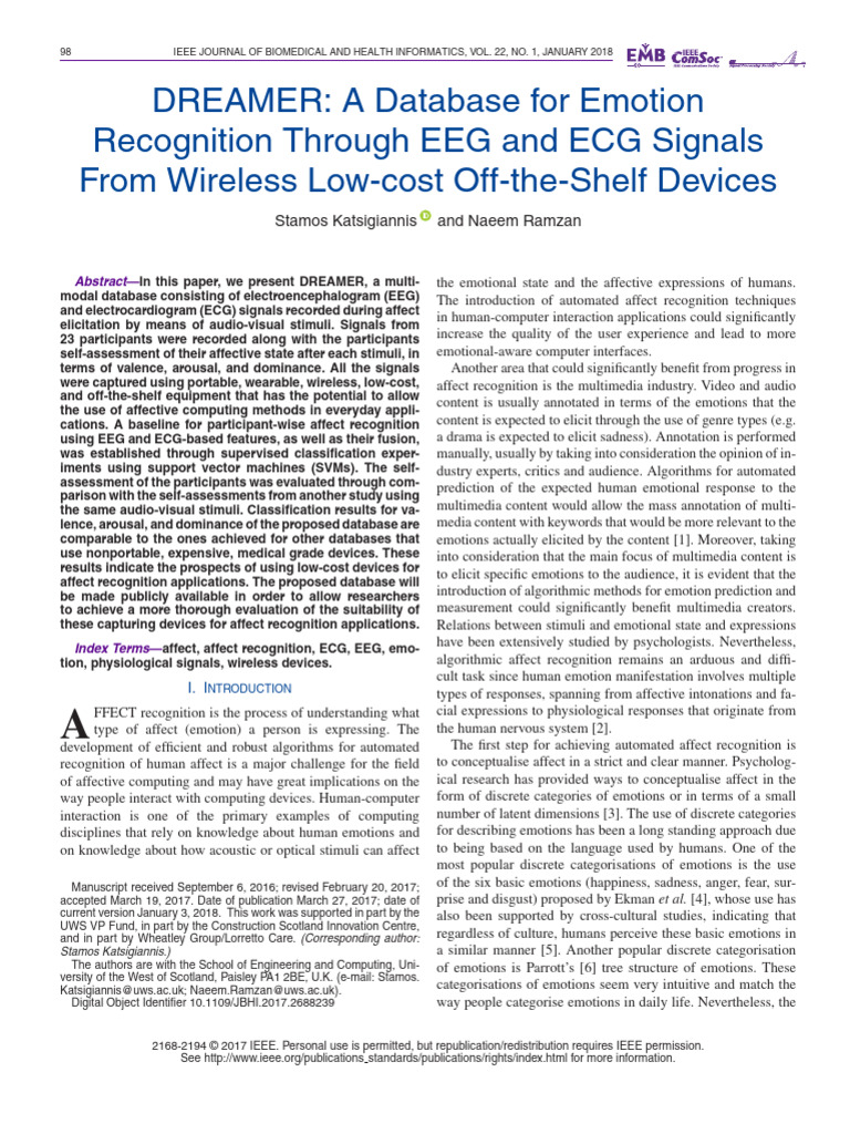 DREAMER A Database For Emotion Recognition Through EEG and ECG Signals From Wireless Low-Cost ...