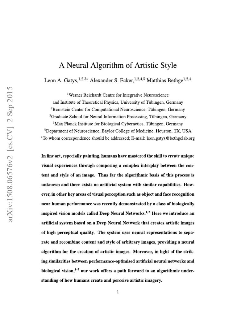 A Neural Algorithm of Artistic Style For ML Developers | PDF