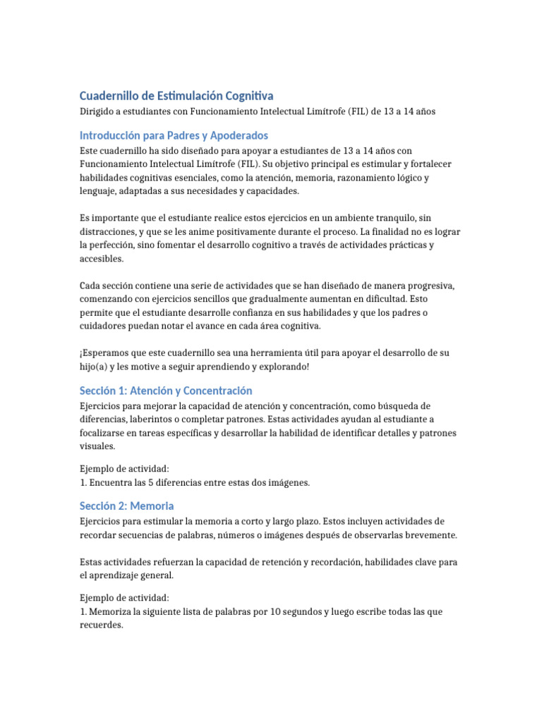 Cuadernillo Estimulación Cognitiva FIL 13 14 Años Actualizado | PDF ...