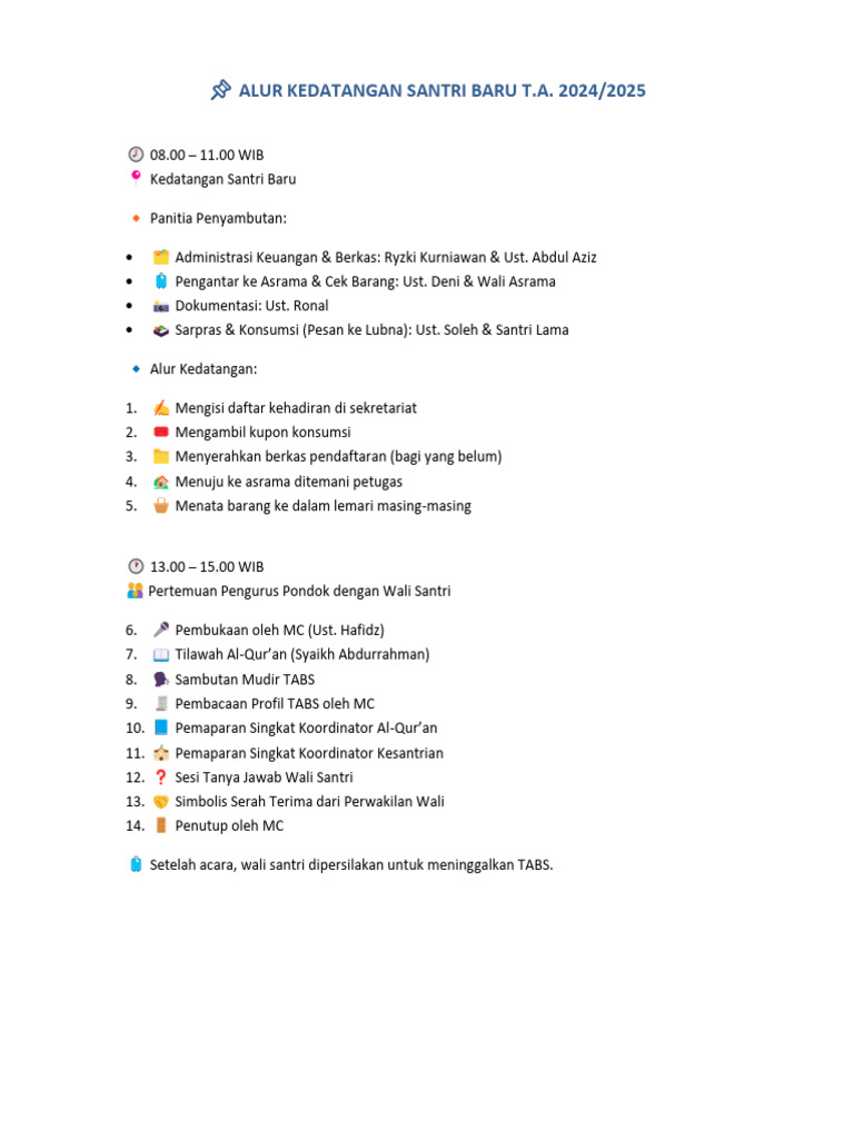Alur Kegiatan Santri Baru TABS 2024-2025 | PDF