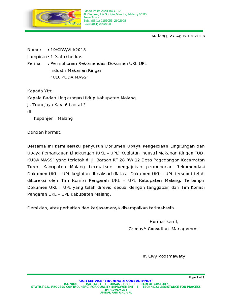 Surat Permohonan Rekom UKL-UPL Industri Makanan Ringan "UD. KUDA MASS ...