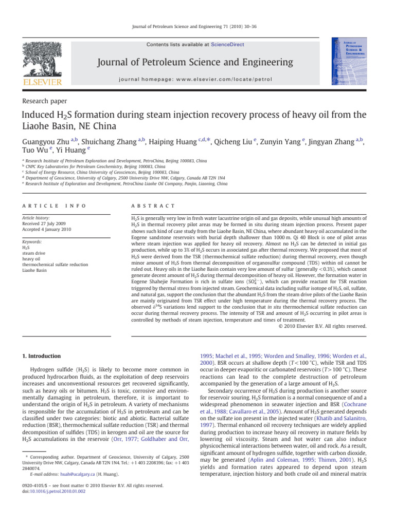 2010.induced H2S Formation During Steam Injection Recovery Process of Heavy Oil From The Liaohe ...