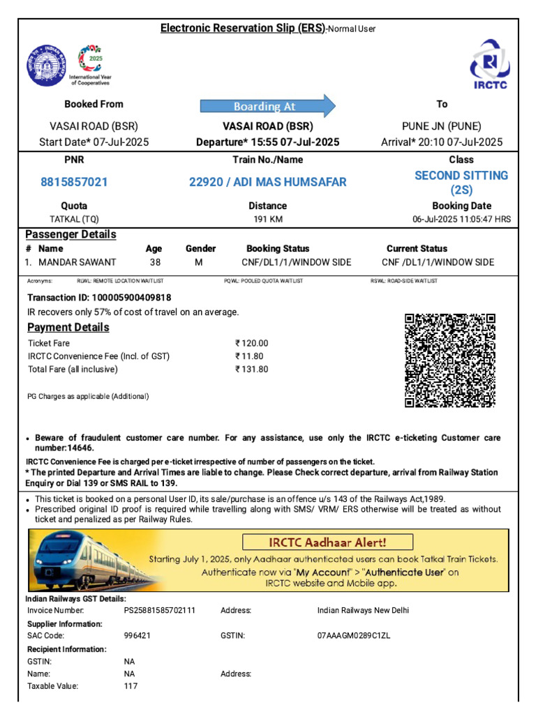 Adi Mas Humsafar Second Sitting (2S) : Electronic Reservation Slip (ERS) | PDF | Identity Document