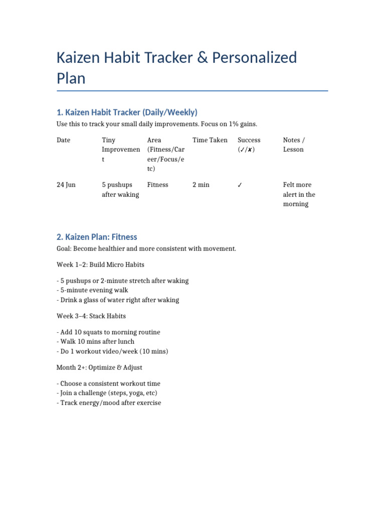 Kaizen Habit Tracker & Fitness Plan | PDF