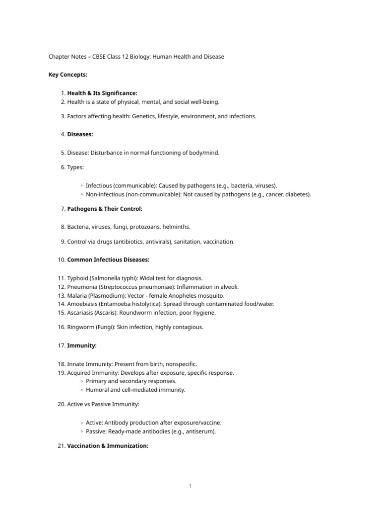 Bio Notes Human Health and Disease | PDF | Immune System | Infection