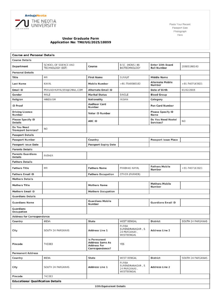 Surajit Kayal Application Form Tnu Ug 2025 18099 | PDF