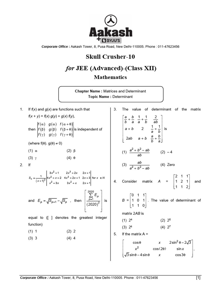 Skull Crusher 10 Class XII JEE (Adv) Mathematics | PDF | Determinant | Matrix (Mathematics)
