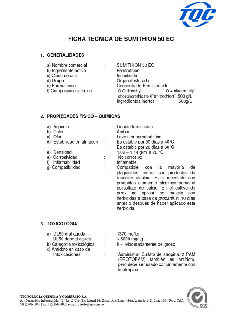 Ficha Tecnica de Sumithion 50 Ec | PDF