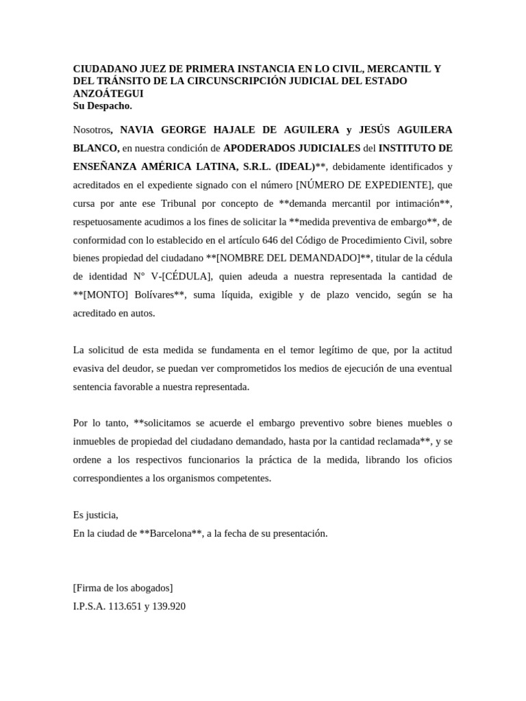 Modelo de Solicitud Preventiva de Embargo | PDF | Judicaturas | Ley Pública