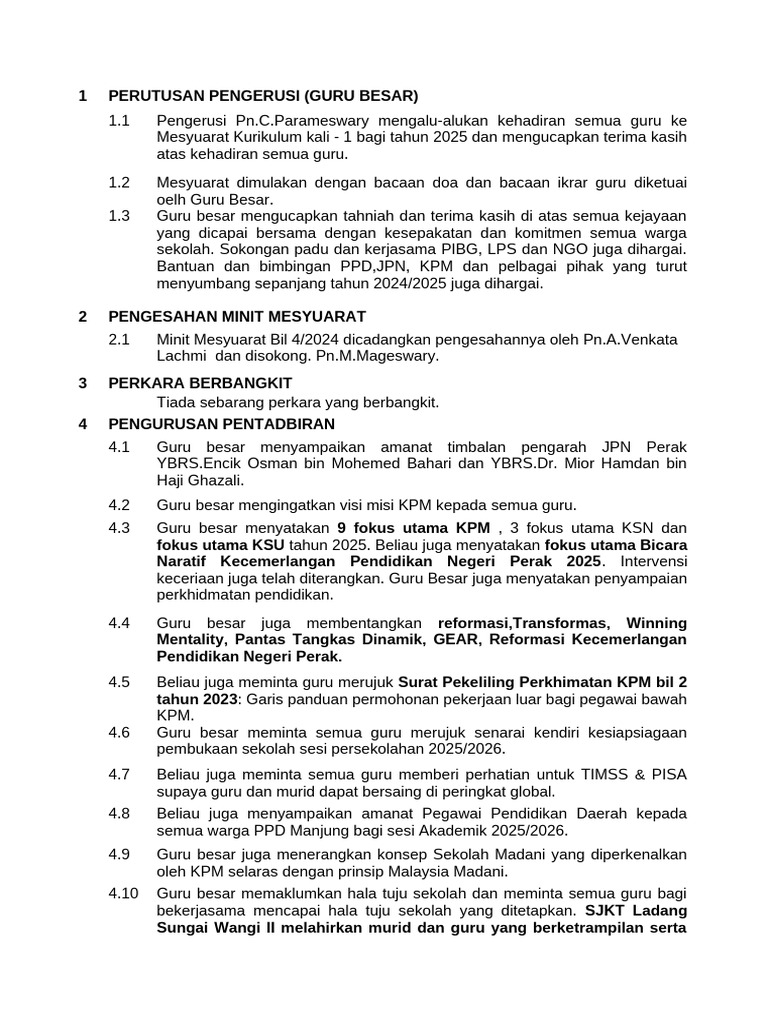 Minit Mesyuarat Pengurusan Kurikulum Kali 1 2025 | PDF