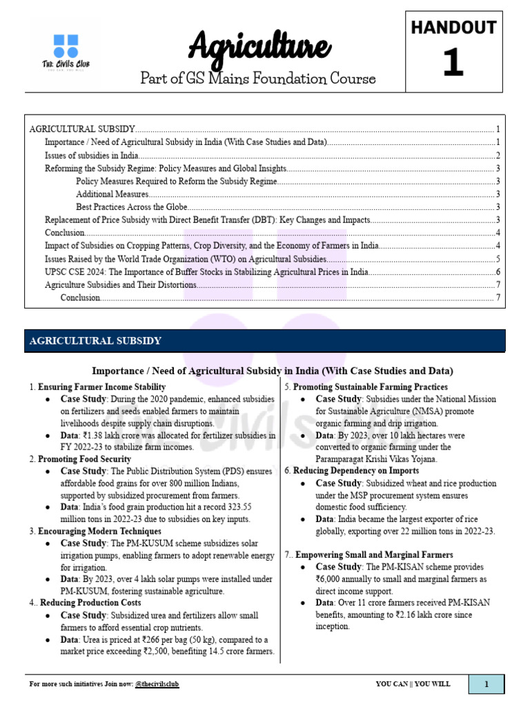 Agriculture Handout Civils Club | PDF | Subsidy | Agriculture