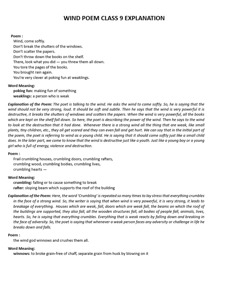 Wind Poem Class 9: Line-by-Line Analysis | PDF