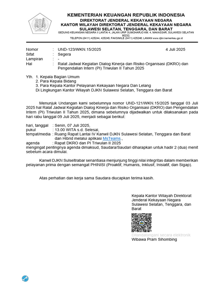Ralat Jadwal Kegiatan Dialog Kinerja Dan Risiko Organisasi DKRO Dan Pengendalian Intern PI ...