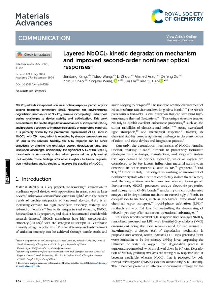 Layered NbOCl2 Kinetic Degradation Mechanism and Improved Second-Order Nonlinear Optical ...