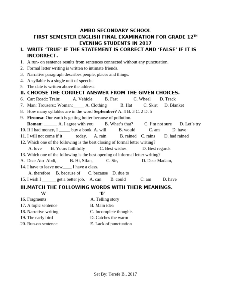 Grade 12 English Exam 2017 Guide | PDF