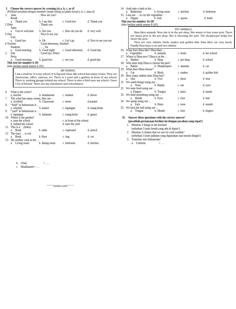Soal Uas PGSD English 2021 | PDF | Zoology | Animals And Humans