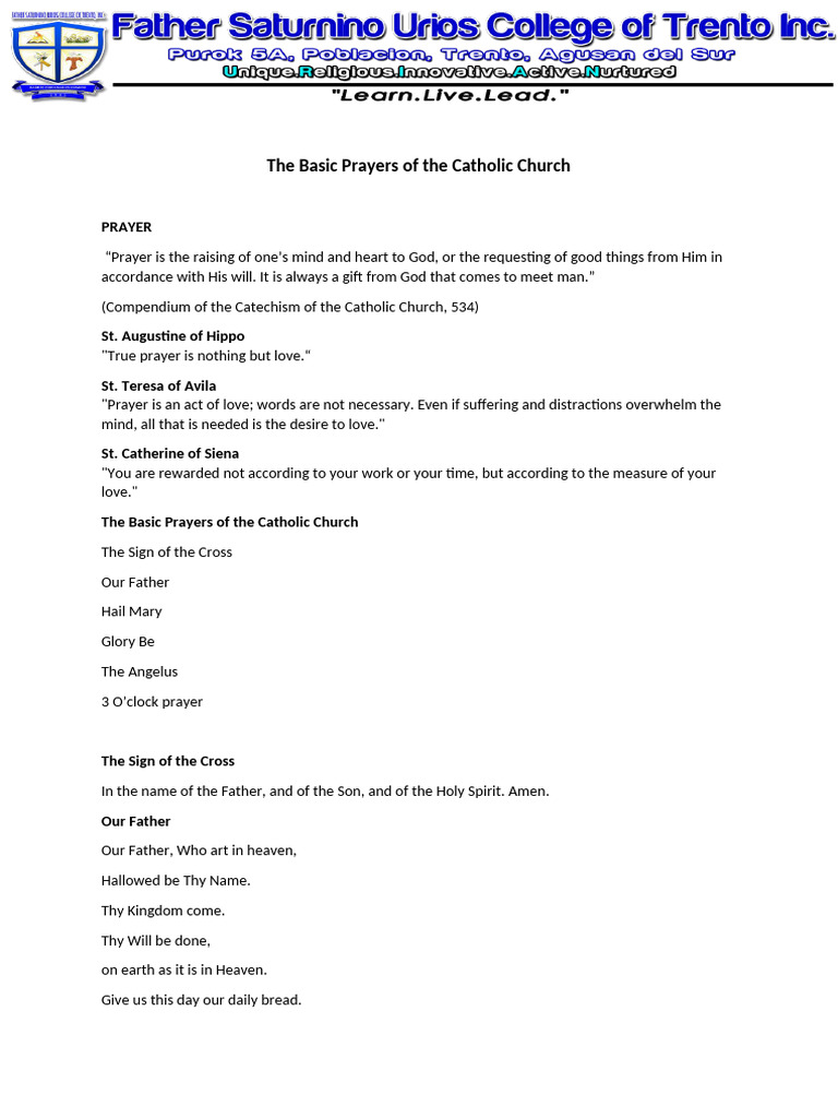 The Basic Prayers of The Catholic Church Handout | PDF | Lord's Prayer ...
