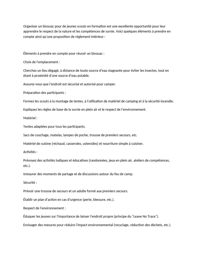 Organisation d'un bivouac pour scouts | PDF