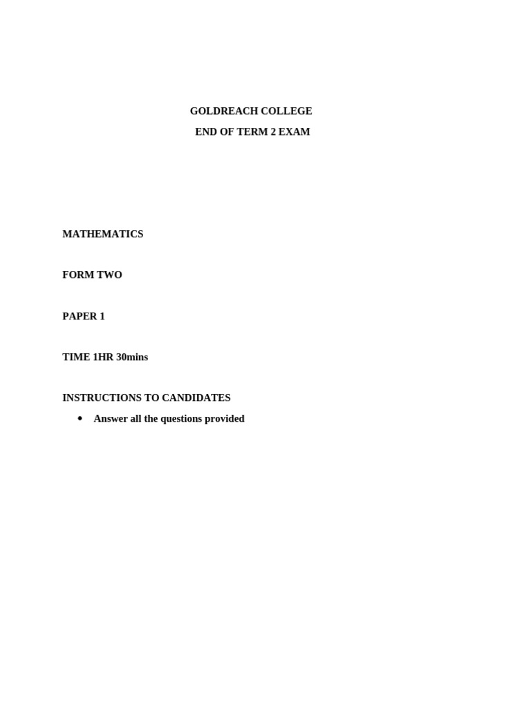 Form 2 Maths Paper 1 | PDF