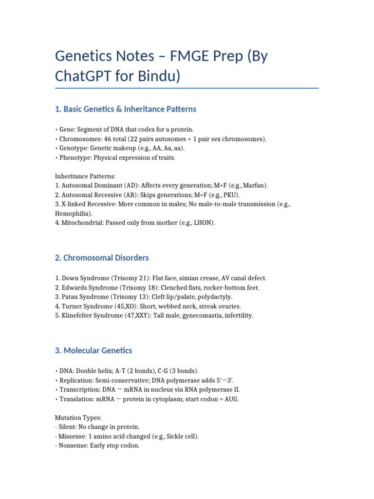 Genetics Notes FMGE Bindu | PDF