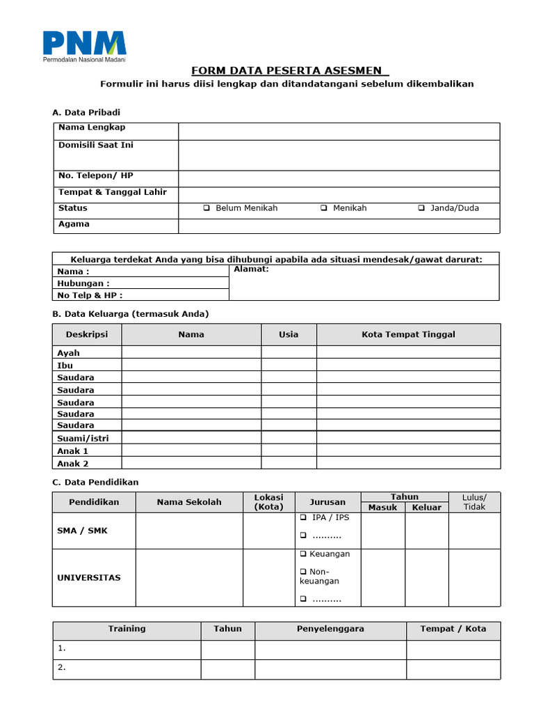 Form Data Peserta Asesmen Karyawan Mekaar | PDF