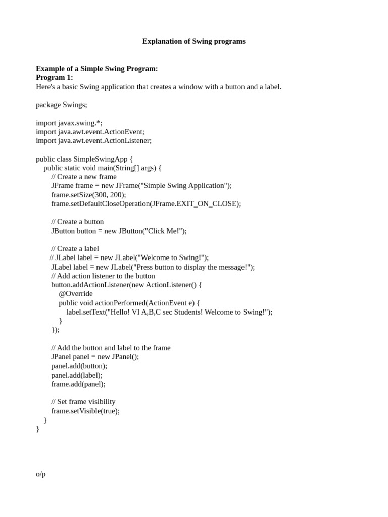 Explanation of Swing Programs | PDF | Software Development | Computing Platforms