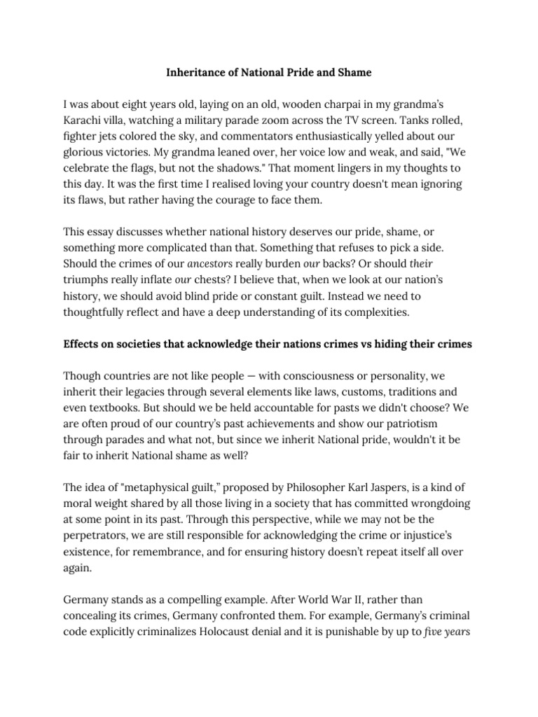 Essay On The Inheritence of National Pride and Shame by Simrah Asghar | PDF | Pride | Shame