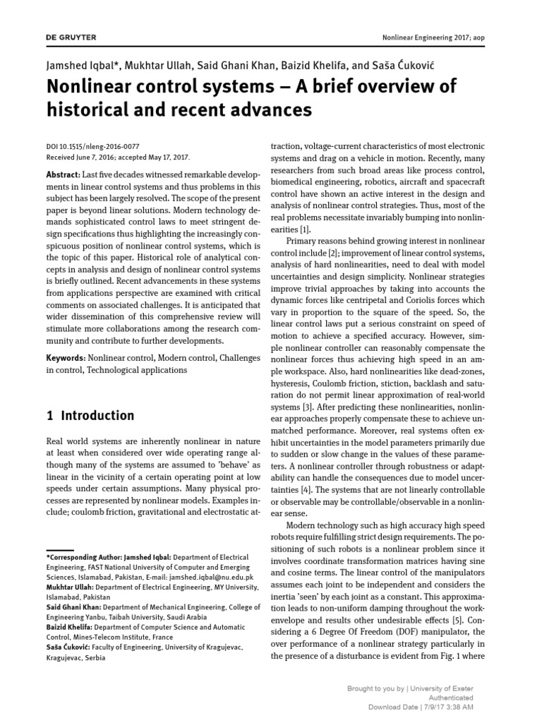 Nonlinear Control Systems - A Brief Overview of | PDF | Nonlinear ...