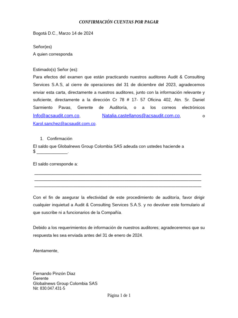 Confirmación de Cuentas por Pagar 2024 | PDF