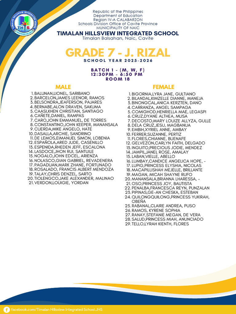 Grade 7 Class List for 2025-2026 | PDF