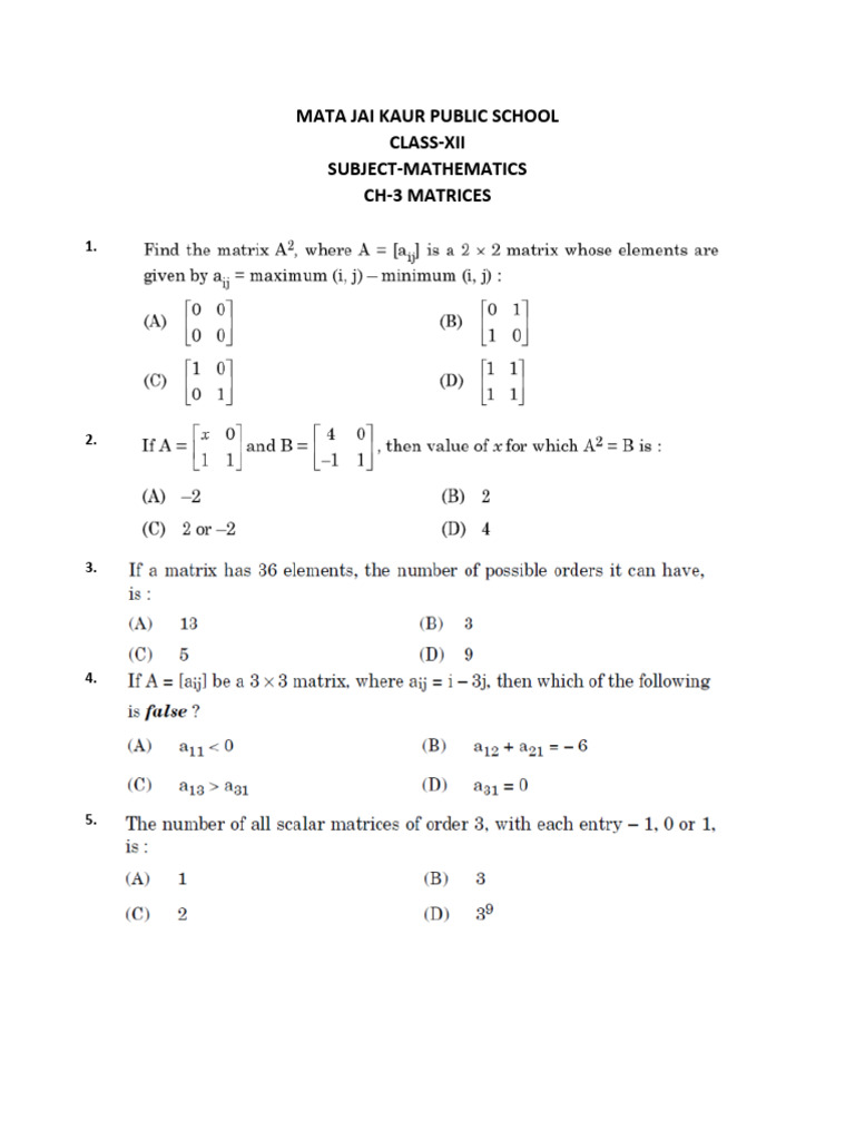 CH 3 Matrices (Assignment) | PDF