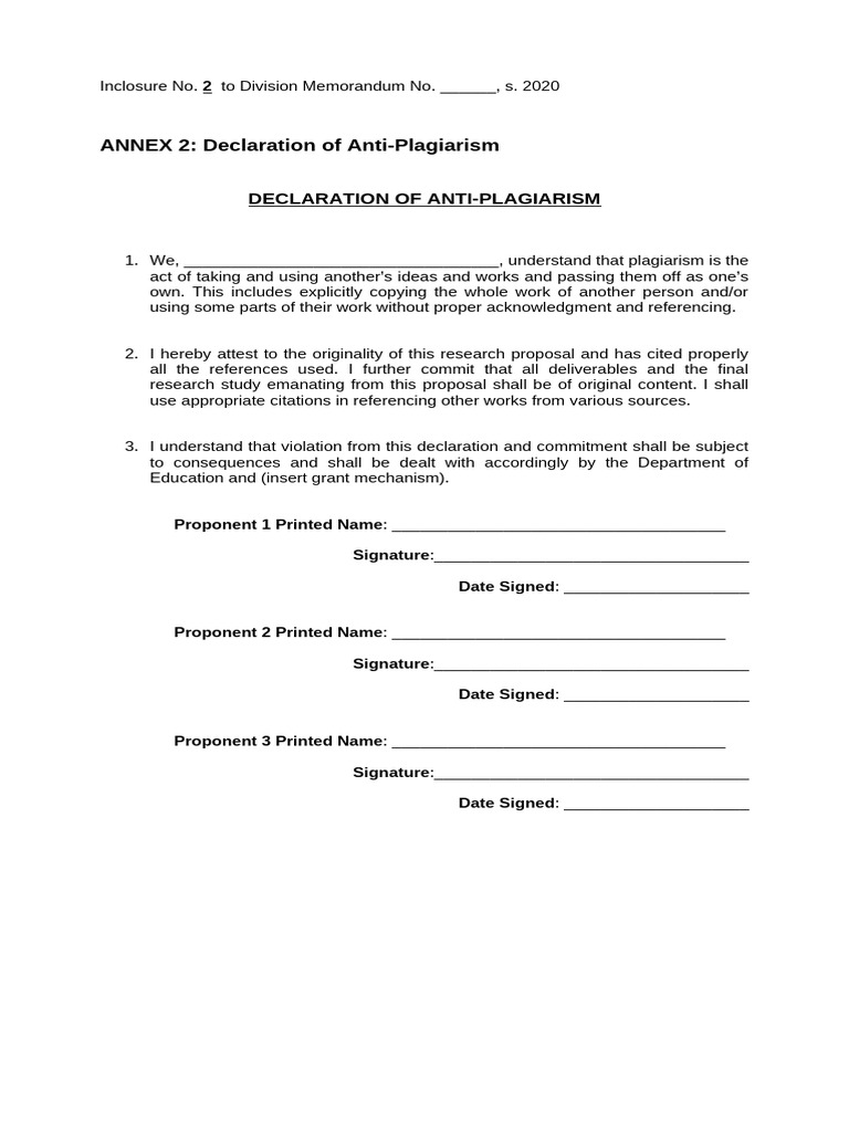 2 Annex 2 Declaration of Anti Plagiarism | PDF
