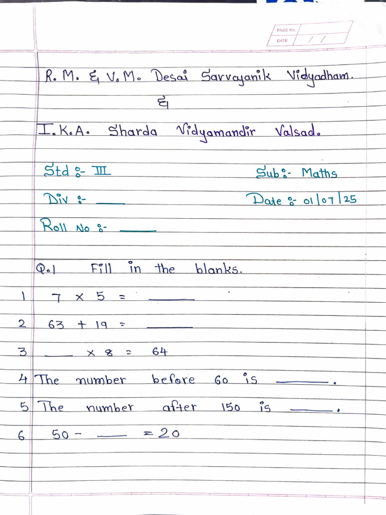 Std-3 Maths 01 July 2025 | PDF