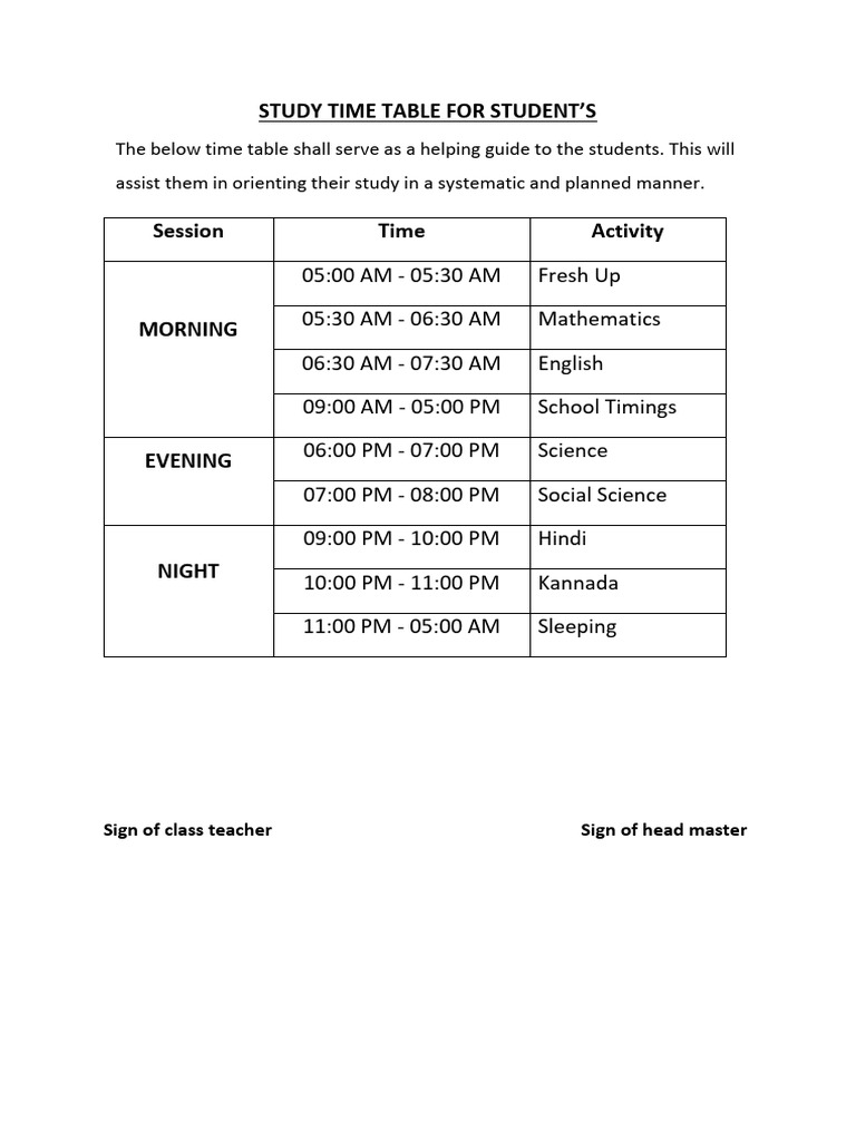 24-Hour Study Time Table for Students | PDF