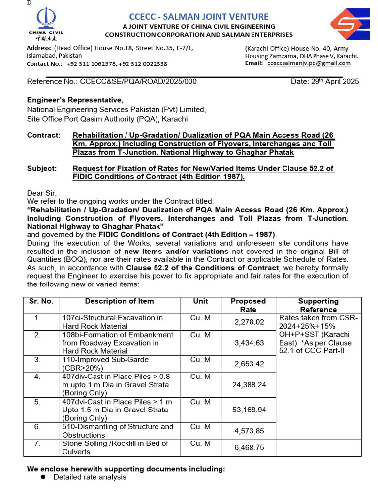 PQA Road & STP & CETP CCECC-SE JV Letters-Request For Fixation of Rates ...