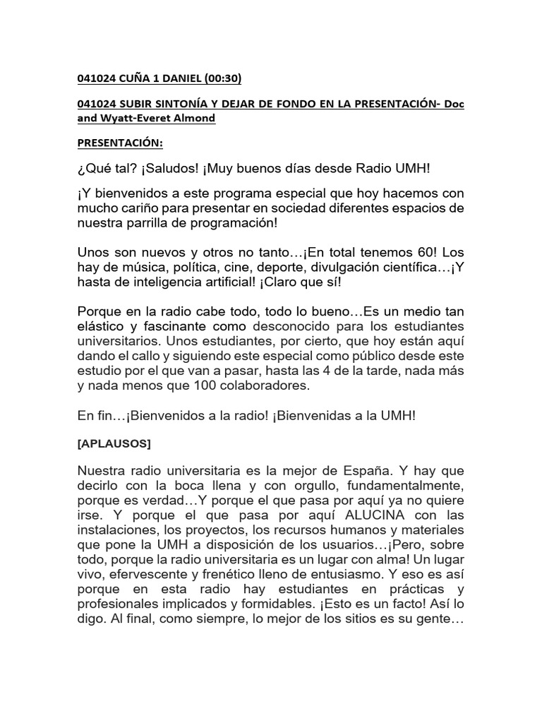 Guion Programa Especial 4 Oct | PDF | Radiodifusión