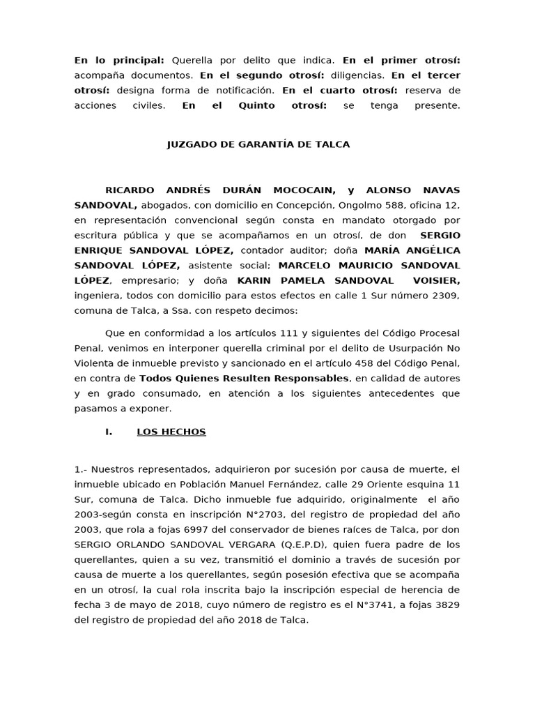 Querella Por Usurpación No Violenta | PDF | Queja | Propiedad