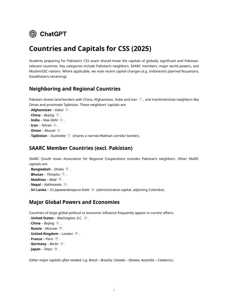 CSS Countries and Capitals 2025 Guide | PDF | Diplomacy | Politics Of Asia