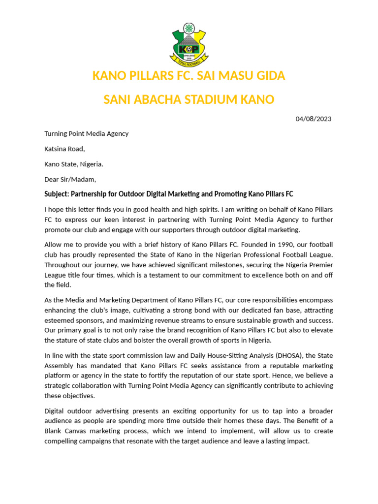 Kano Pillars FC Turning Point | PDF | Marketing | Advertising