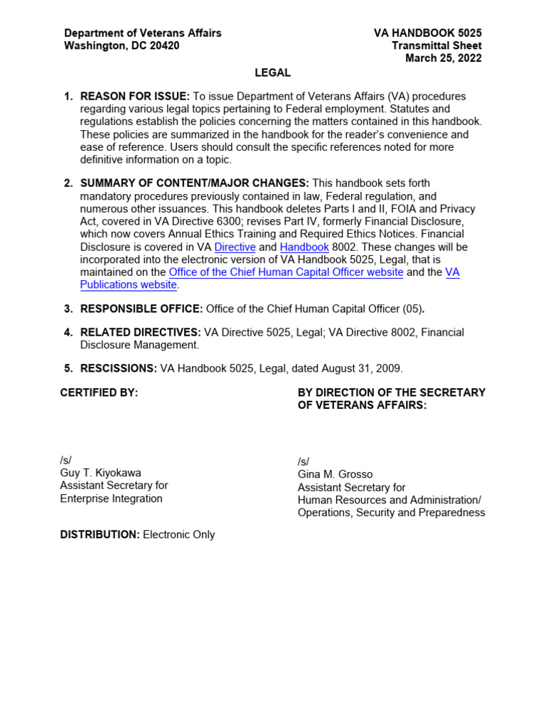 VA Handbook 5025: Legal Procedures | PDF | Employment | Title 18 Of The ...