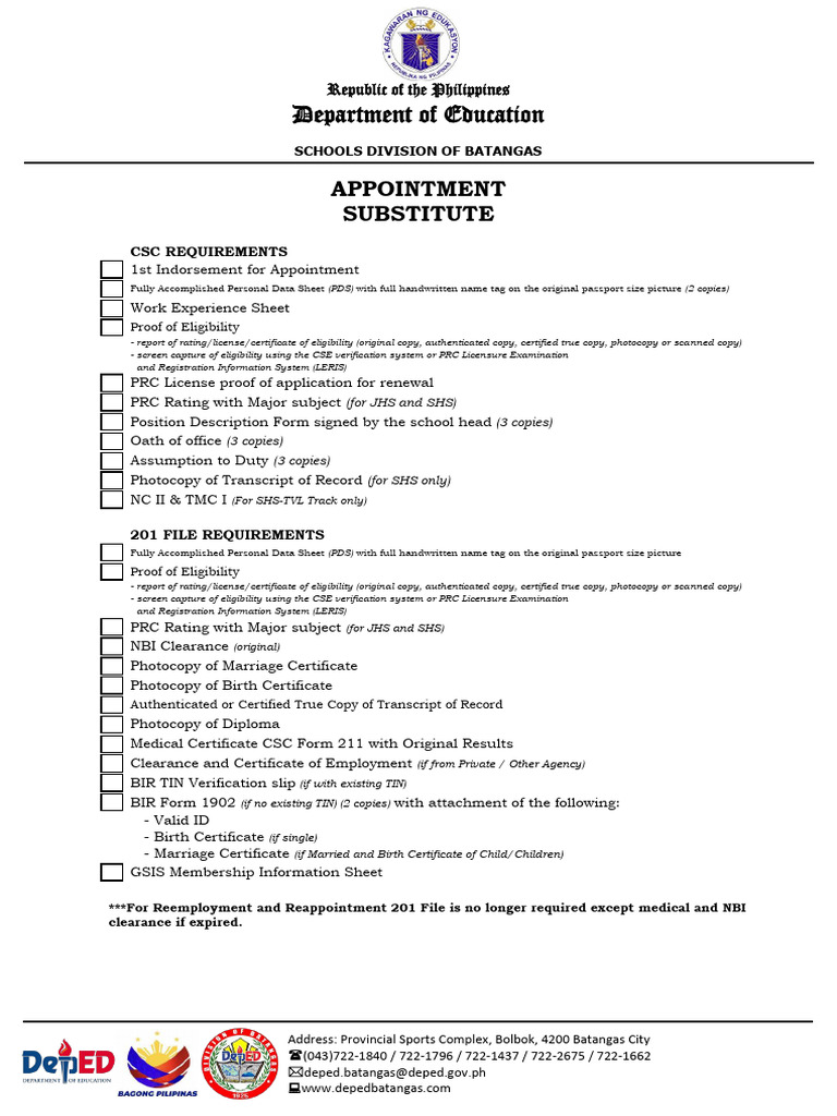 Checklist Appointment Substitute | PDF | Birth Certificate | Government