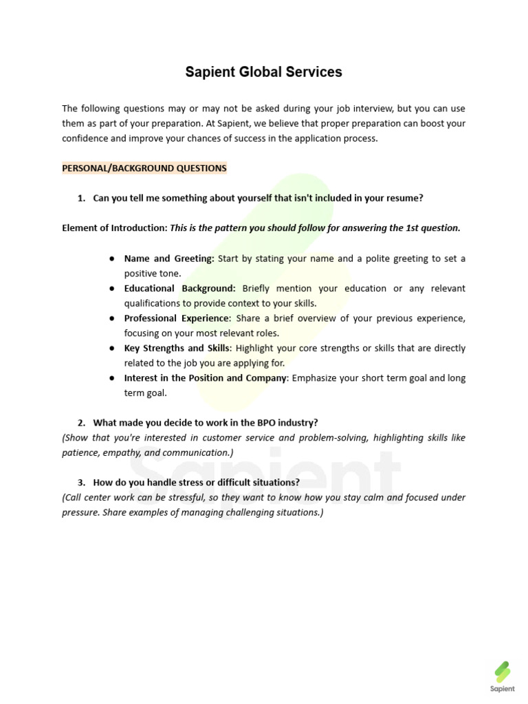 Practice Interview Questionnaire by Sapient | PDF | Job Interview | Psychology