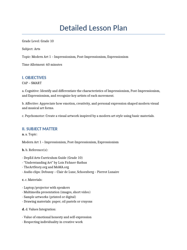 Grade 10 Modern Art Lesson Plan | PDF | Expressionism | Impressionism