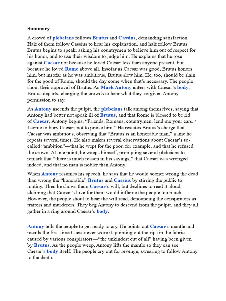 Act III Scene 2 Summary and Questions | PDF | Julius Caesar | Mark Antony